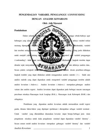 PENGENDALIAN VARIABEL PENGGANGGU DENGAN ANALISIS KOVARIANS - Diponegoro ...
