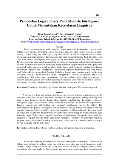 Jurnal Fuzzy Pemodelan Logika Fuzzy Pada Multiple Intelligence Untuk ...