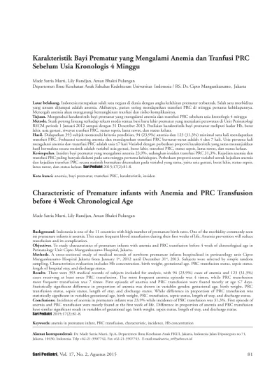 Characteristic of Premature infants with Anemia and PRC Transfusion ...
