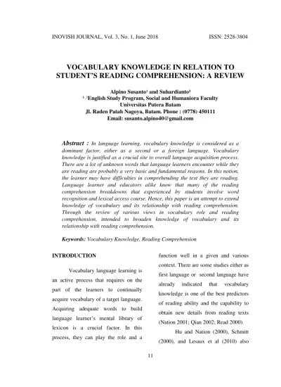 VOCABULARY KNOWLEDGE IN RELATION TO STUDENT’S READING COMPREHENSION: A ...