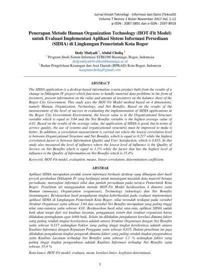 Penerapan Metode Human Organization Technology (HOT-Fit Model) untuk ...