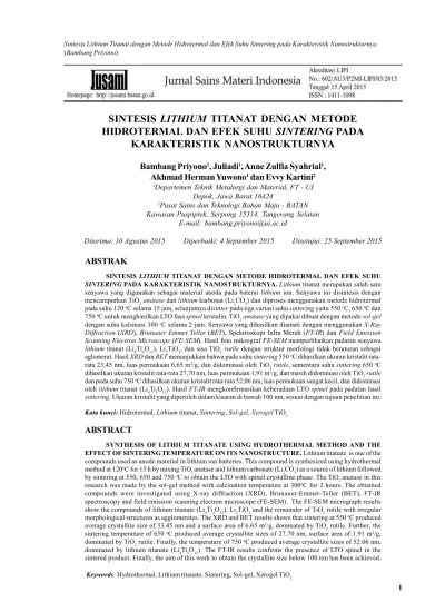 Sintesis Lithium Titanat dengan Metode Hidrotermal dan Efek Suhu ...