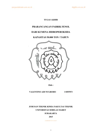 PRARANCANGAN PABRIK FENOL DARI KUMENA HIDROPEROKSIDA KAPASITAS TON / TAHUN
