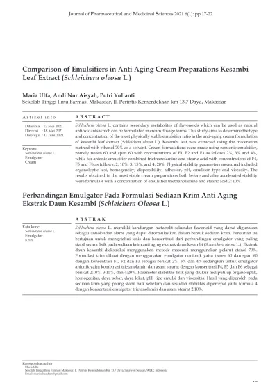 Comparison of Emulsifiers in Anti Aging Cream Preparations Kesambi Leaf ...