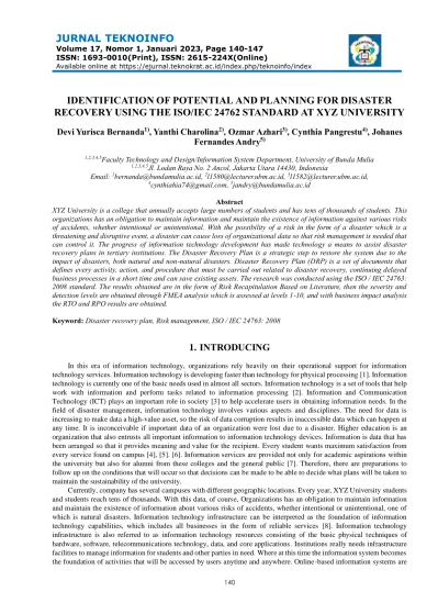 IDENTIFICATION OF POTENTIAL AND PLANNING FOR DISASTER RECOVERY USING ...