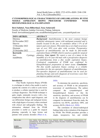CYTOMORPHOLOGICAL CHARACTERISTICS OF AMELOBLASTOMA BY FINE NEEDLE ...