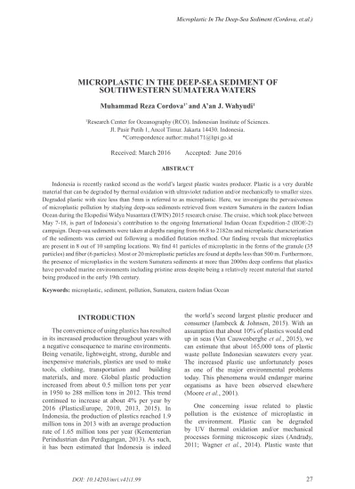 MICROPLASTIC IN THE DEEP-SEA SEDIMENT OF SOUTHWESTERN SUMATERA WATERS